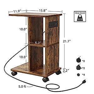 HILINSIE C Shaped End Table with Charging Station - Narrow Side Table with USB Ports and Outlets for Small Spaces, 3-Tier Storage Shelves Nightstand, 11.9 x 15.8 x 21.7 Inches, Rustic Brown