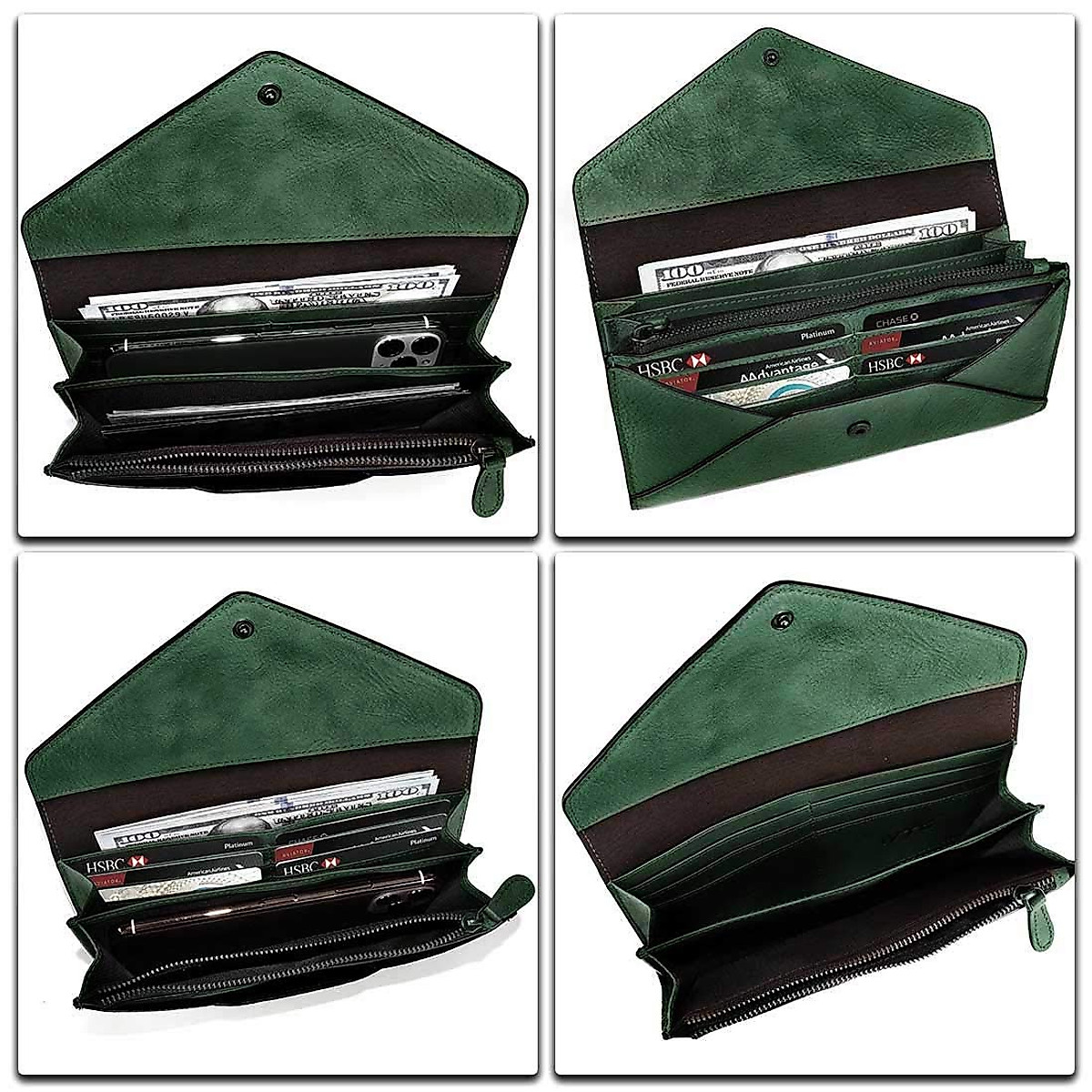 Genuine Leather Wallets for Women RFID Blocking Purse Vintage All in One Organizer Handmade Long Wallet Luxury Clutch (Green)