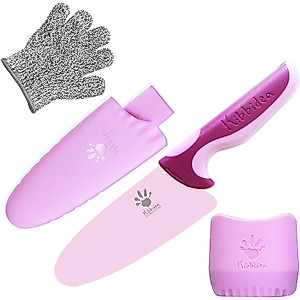 Kibbidea Kid Chefs Knife for Real Cooking, Stainless Steel Kids Kitchen Knife, BPA-Free Kids Friendly Knife with Finger Guard, Cut-proof Glove, Kids Chef Knives Set for Cutting (Purple)