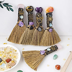 Natural Crystal Magic Broom,Mini Witch Broom,Crystal Witch Wiccan Altar Broom,Magic Ceremony Decor,Handmade Reiki Broomstick for Cleansing Healing Fengshui
