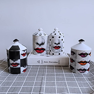 AlphaDesignLuxe Decorative Candle Holder Handcrafted Aromatherapy Candle Jar Italian Designer Décor Fashionable Tabletop Vase Modern Art Female Face Eyes Lips Centerpiece. (Red Lips Black Squares)