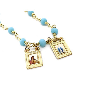 LESLIE BOULES Blue Ligth Beads Scapular Necklace for Women Hand-Craft Religious Jewelry