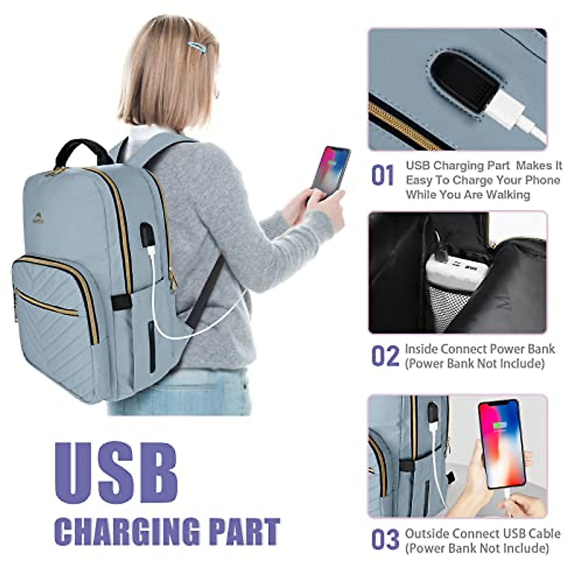 MATEIN 15.6 Laptop Backpack, Quilted Cute Slim Backpacks for Women with Luggage Strap & Leather Handle, Lightweight Fashion Travel Computer Bag Padded Durable Casual Daypack for Office, Business, Blue