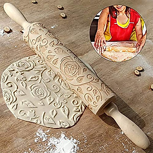 Wooden Rolling Pin, Rose Flower Embossed Engraved Carved Rolling Pin, Valentine's Day DIY Cookies Biscuit Fondant Cake Dough Roller Baking Tool (Wood color)