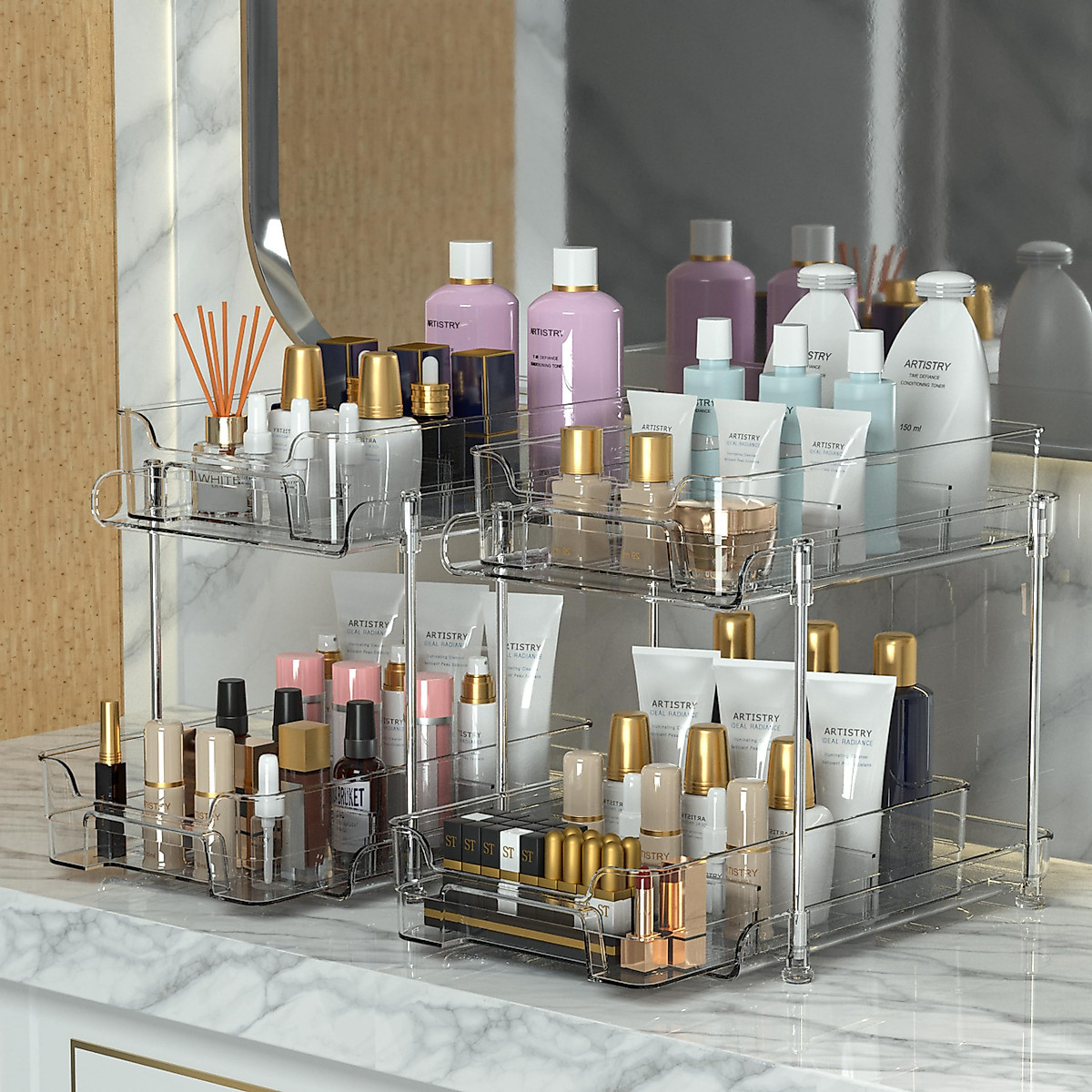 petisal 2 Tier Clear Organizer with Dividers, sliding out storage container, Bathroom Cabinet Storage, Under Sink Organizers, Kitchen, Medicine Storage Organizer, 2 Pack