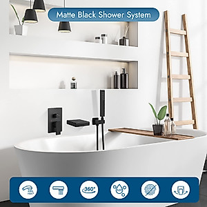 Cinwiny Matte Black Wall Mount Waterfall Tub Spout with Handheld Shower Single Handle Tub Filler Bathtub Shower Faucet Set with Sprayer Rough-in Valve Brass