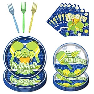 Rakuto Pickleball Party Plates Supplies - 96PCS Pickleball Player Themed Disposable Paper Plates Forks Napkins Tableware Set Pickleball Sports Baby Shower Birthday Party Decorations(24 Guests)