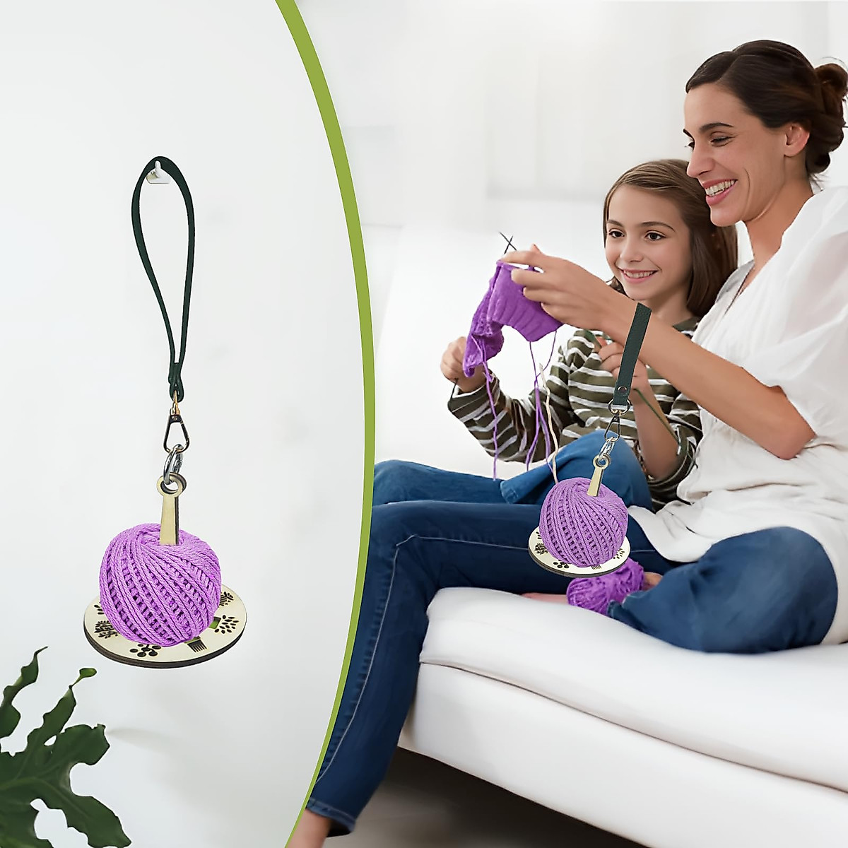 WOODOUNAI Portable Yarn Holder with Wrist Strap - Ultimate Yarn Organizer with Wrist Strap & Wooden Stand - Prevents Tangling for Effortless Crocheting and Knitting On-The-Go (Green)
