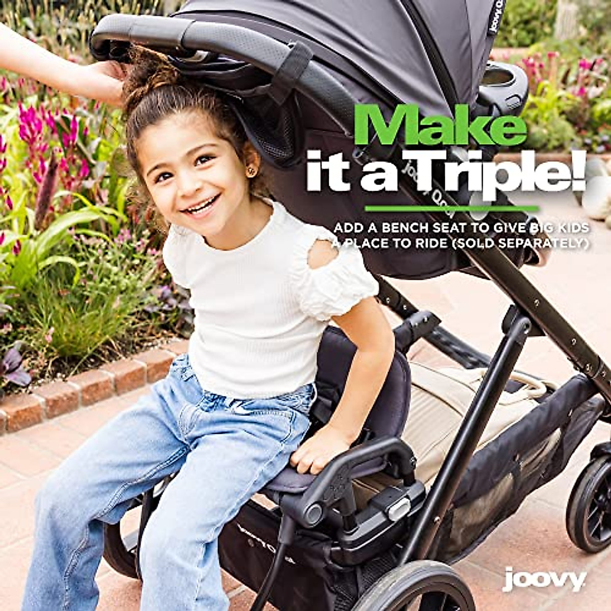 Joovy Qool Double Bundle Double Stroller with Reconfigurable Seats, Magnetic Safety Harness with Padding, UPF 50 Sun Canopy, and Large Storage Basket, Jet