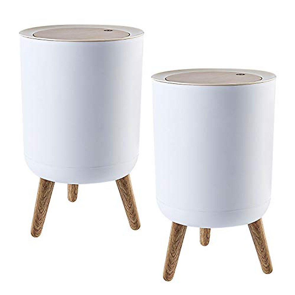 Nordic Style Trash Can (2-Pack) - Push Top with Lid - 14.3" x 8.7" White Top Spring Waste Basket - Scandinavian Modern Garbage Can - Round Trash Bin w/ Legs - Kitchen/Bathroom Trash Can I 1.8 Gallon