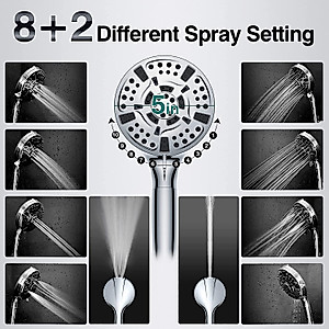 Acbaeta Modern 9-Setting Stainless Steel Shower Head with Handheld, 5-Inch Large Shower Head and 60-Inch Hose, 8 Spray and 2 Jet Modes, Powerful Filters and Water Saver Included