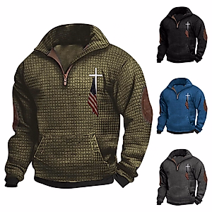 Parise T Shirts for Men 2023 Casual Waffle Qaurter Zip Polo Sweatshirts for Men USA Flag Logo Turtleneck Long Sleeve Sweater Coats with Pocket(Dark Gray,XX-Large)