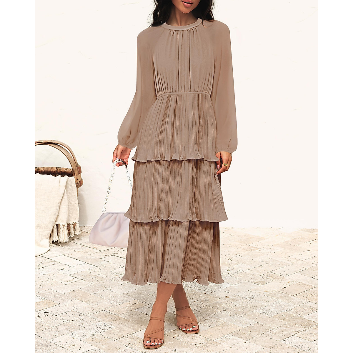 ZESICA Women's 2025 Long Sleeve Crew Neck Ruffle Tiered Layered Chiffon Flowy Swing 2025 Long Midi Dress,Khaki,Small