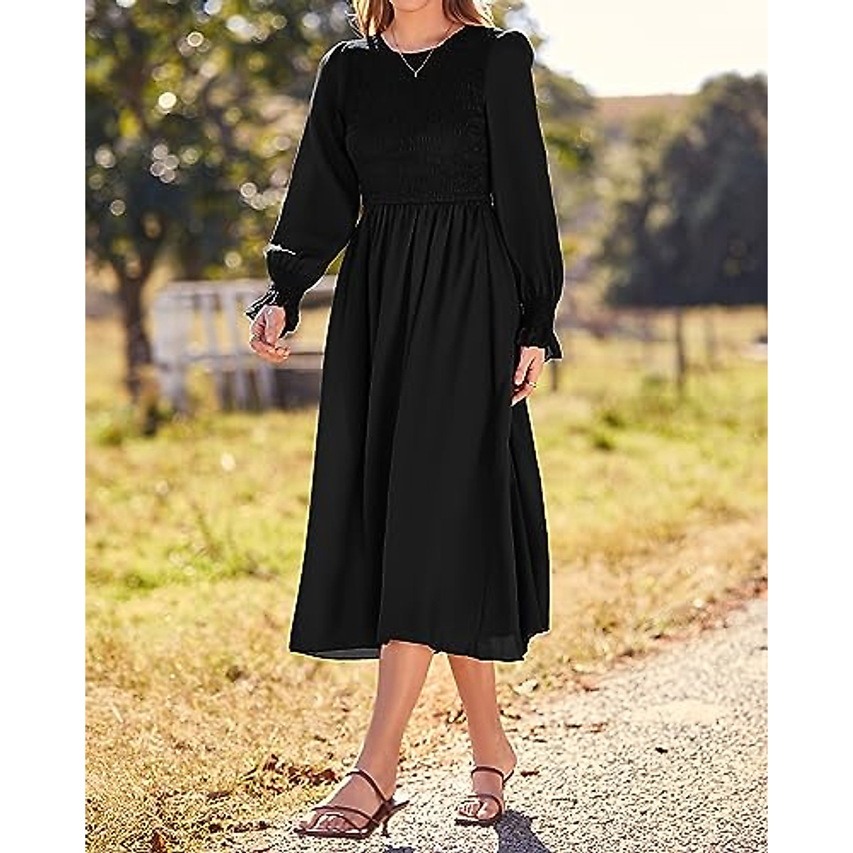 dowerme Women Casual Petal Long Sleeve Crewneck Smocked A-Line Flowy Solid Maxi Dress Fall Winter Party Cocktail Dresses(Solid Black,Large)