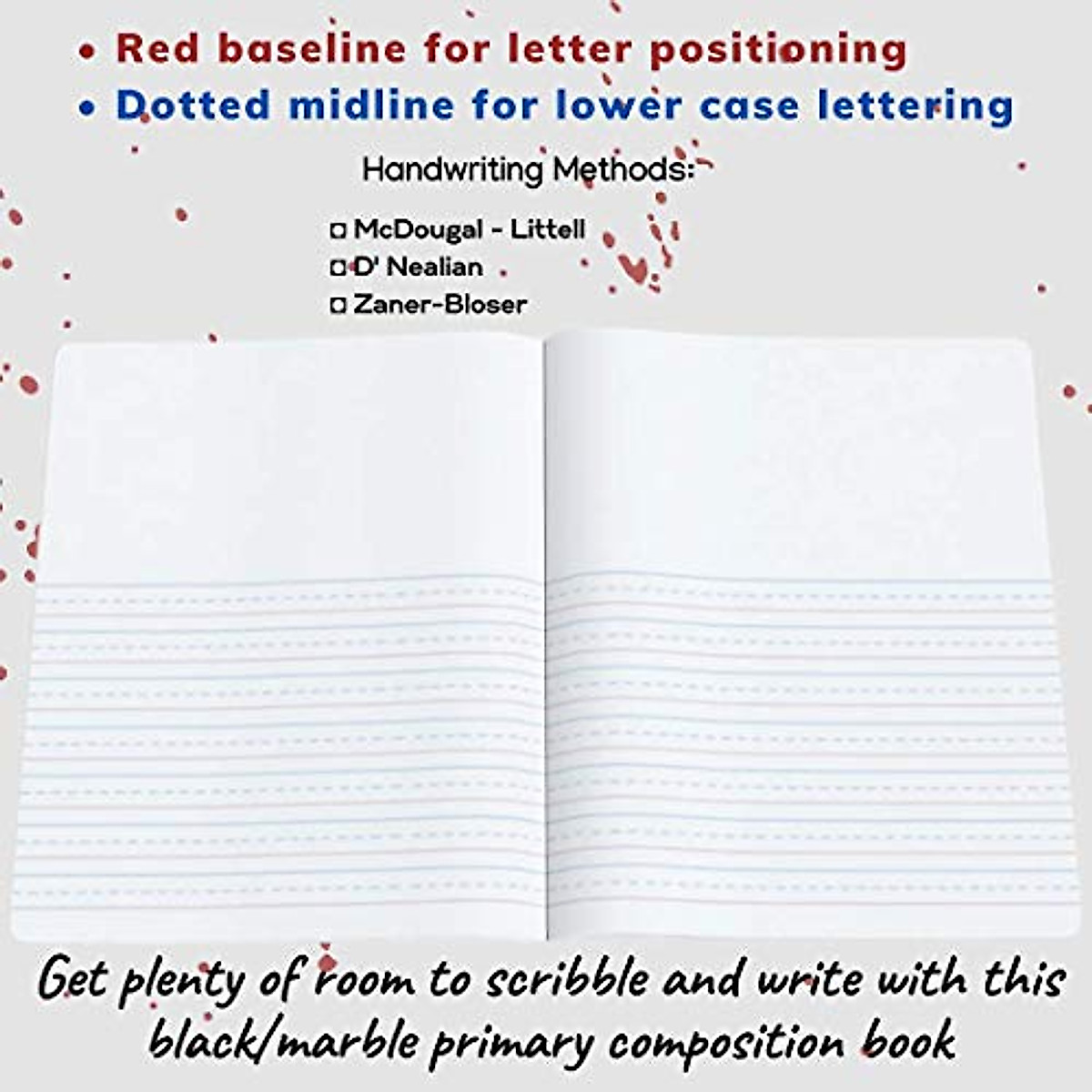 1InTheOffice Primary Composition Notebook k-2, Composition Notebook for Kids, Wide Ruled Composition Notebook, Kids Notebooks for School, 100/Sheets, Red/Marble, 7.5" x 9.75", 4/Pack