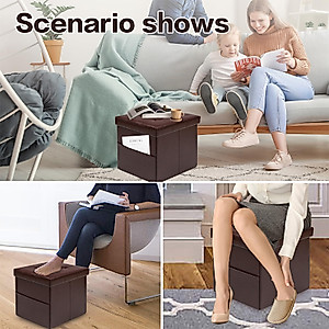 xuperbonus15 Inches Folding Storage Square Ottoman with Side Pocket Brown Leather Cube Foot Rest Stool Seat for Dorm Living Room Bedroom