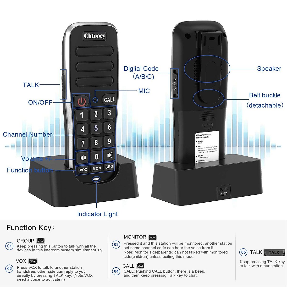Chtoocy Rechargeable Intercoms Wireless for Home 1 Mile Range 10 Channel, Handheld Wireless Intercom System for Home Business Office, Home Room to Room Communication System (2 Packs, Black)