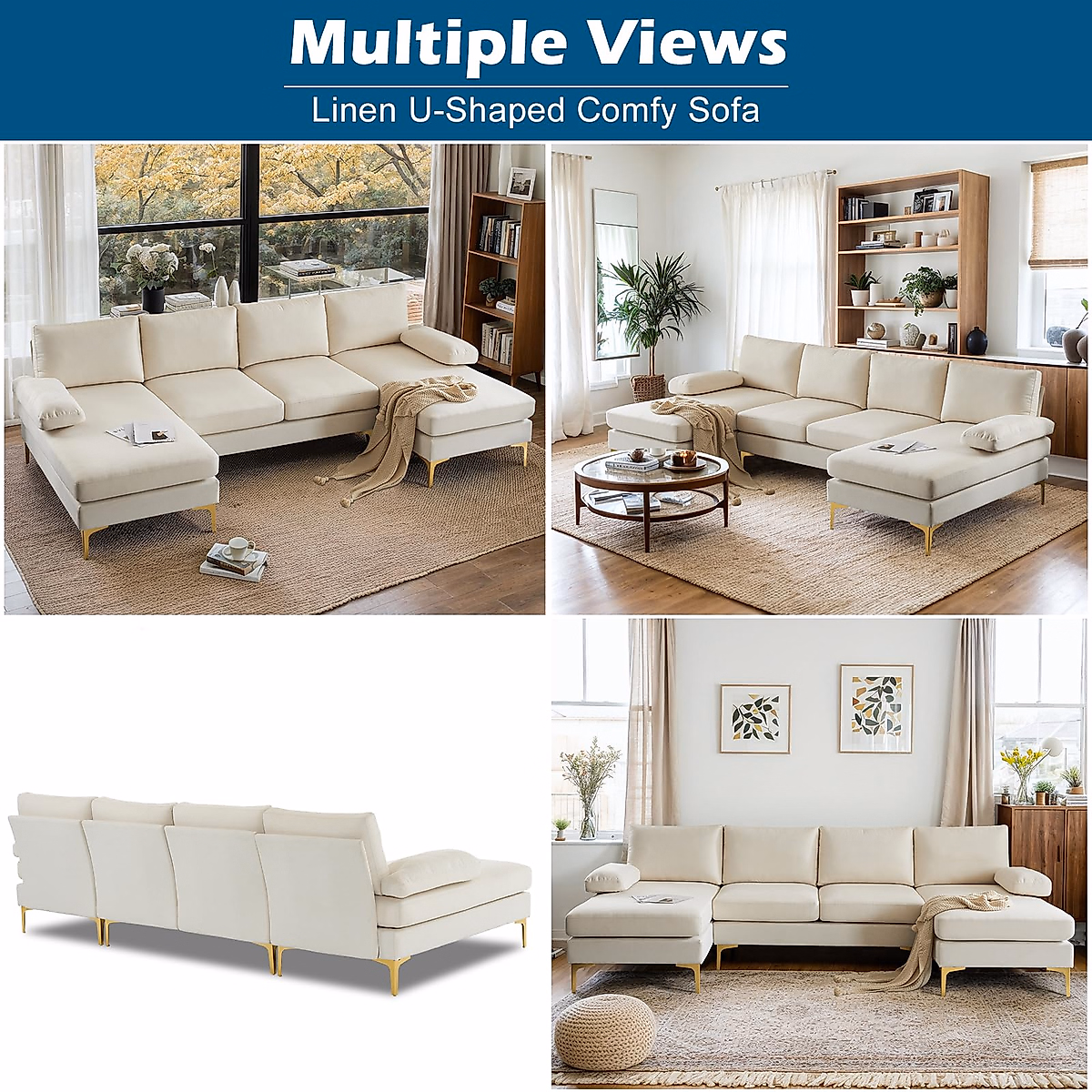 VINGLI 110" Modern U Shaped Sectional Couch with 51"D Double Chaise for Living Room, Beige Deep Seat Sectional Sofa Sets with 5.9" Thickness Seating Padding for Home Furniture,Linen Fabric,Metal Legs