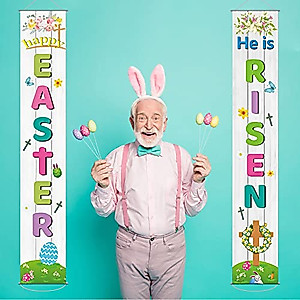 Happy Easter Porch Sign He is Risen Party Banner Welcome Easter Courtyard Holiday Decoration Indoor Outdoor Front Door Spring Floral Hanging Flag