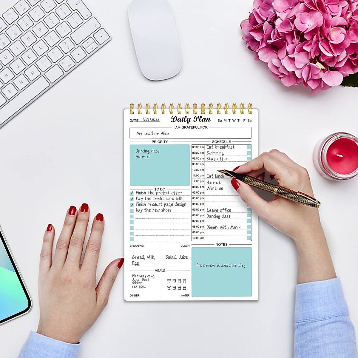 Daily Planner Notepad Undated To Do List Planning Pad Checklist with Hourly Schedule Calendars Meal, Spiral Appointment Organizers Notebook for Man/Women,52 Sheets (6"x8.5")2Pack