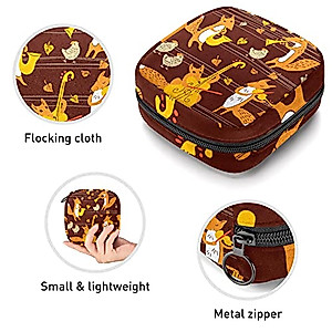 Portable Menstrual Pad Bags, Large Capacity Sanitary Napkin Storage Bag, First Period Kit for Girls Women, Zipper Nursing Pad Holder Funny Foxes Play The Violin Cello Bird Cock