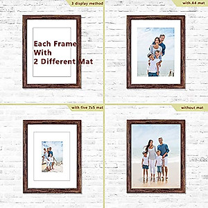 Q.Hou 11x14 Picture Frames Wood Patten Rustic Brown Set of 2, Each Frame with 2 Mats,Display A4 or Five 5x7 Photos with Mat & 11x14 Picture Without Mat for Wall Mount (QH-PF11X14-BR)