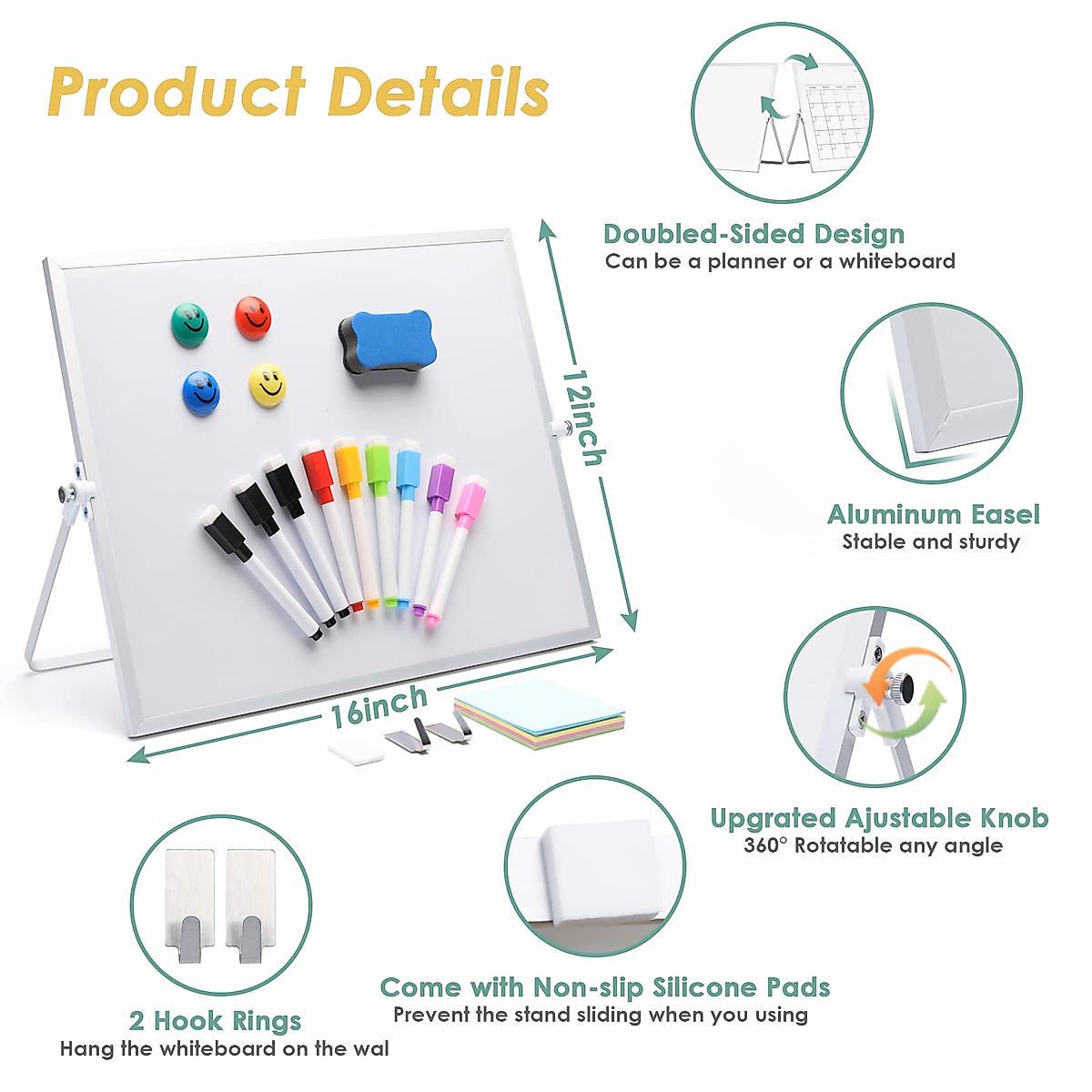 Dry Erase White Board,16”X12” Large Magnetic Calendar Whiteboard with Stand, 9 Markers, 4 Magnets,1 Eraser, Double-Sided Portable Whiteboard Easel for Office, Students Memo to Do List
