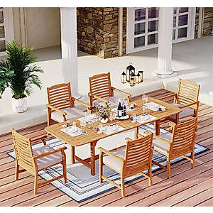 MFSTUDIO 7 Pieces Patio Dining Set, Outdoor Table Chairs Set for 6, 1 x Rectangular Expandable Acacia Wood Table, 6 x Wood Dinging Chairs with Removable Cushions for Garden, Backyard, Porch