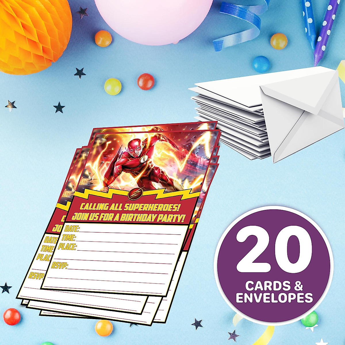Flash Invitation Cards and Envelopes – 20 Fill-in Invites for Kids Birthday Bash and Theme Party, 10X15 cm, Postcard Style