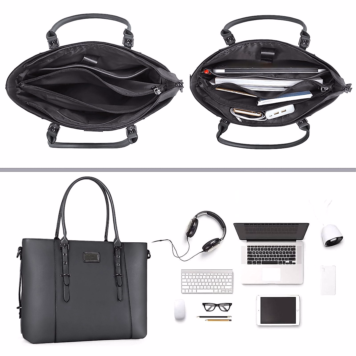 MOSISO PU Leather Laptop Tote Bag for Women (13-13.3 inch), Waterproof Large Capacity Business Work Briefcase Shoulder Laptop Bag, Gray