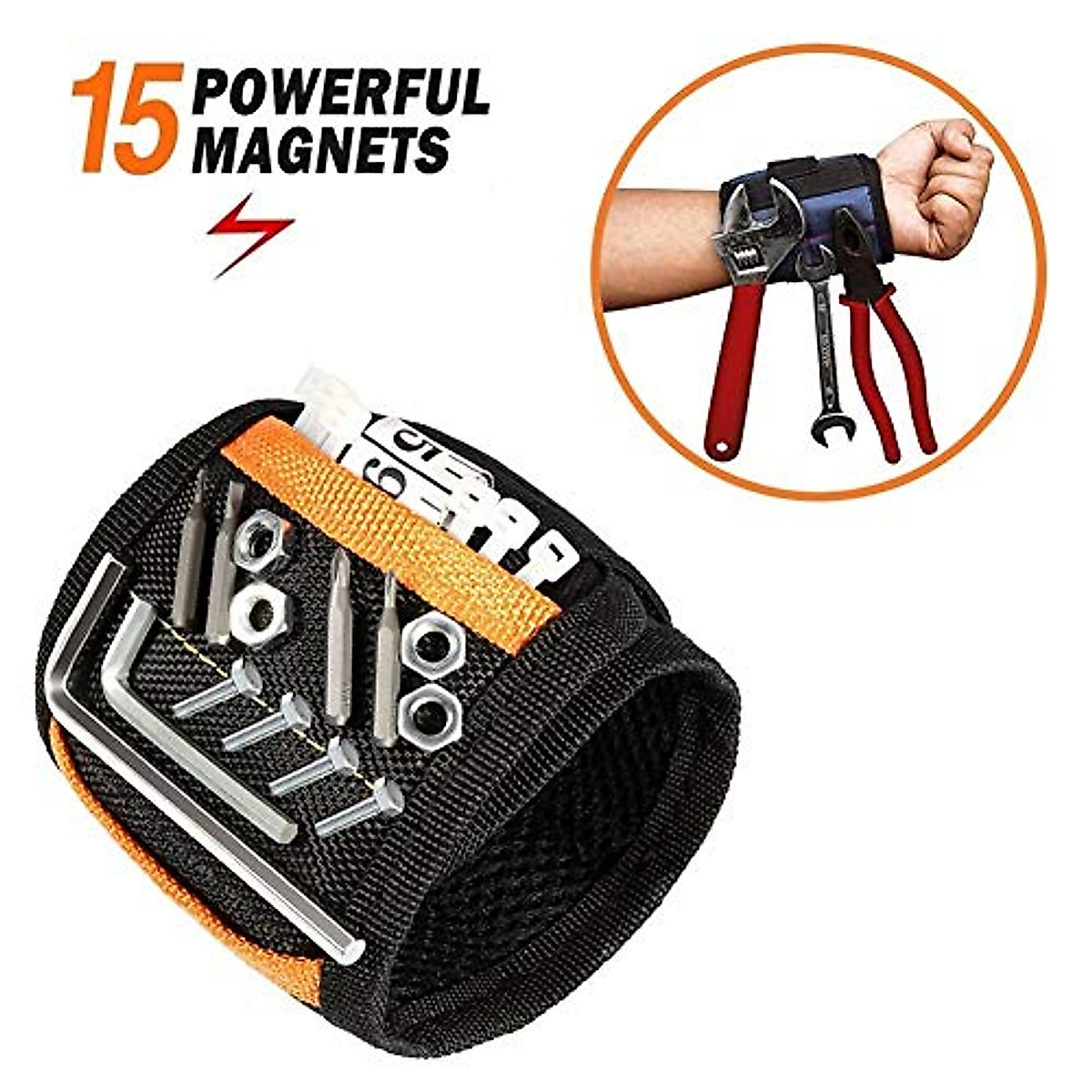 Magnetic Wristband for Holding Screws with 15 Strong Magnets, Nails, Drill Bits - Best Unique Tool Gift for Men, DIY Handyman