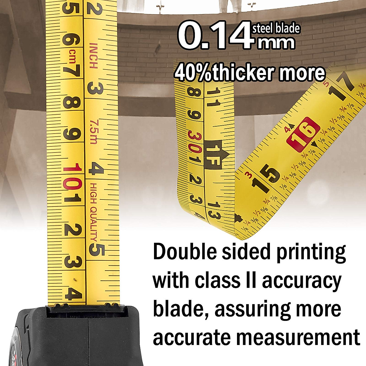 25FT Measuring Tape by ASSIST-Easy Read Double Side Printing with Metric and Inches，2.6m Level Standout Blade,Heavy Duty Shock Absorbent Rubber Case-for Construction，Surveyor