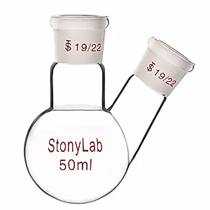 StonyLab Glass 50ml Heavy Wall 2 Neck Round Bottom Flask RBF, with 19/22 Center and Side Standard Taper Outer Joint - 50mL