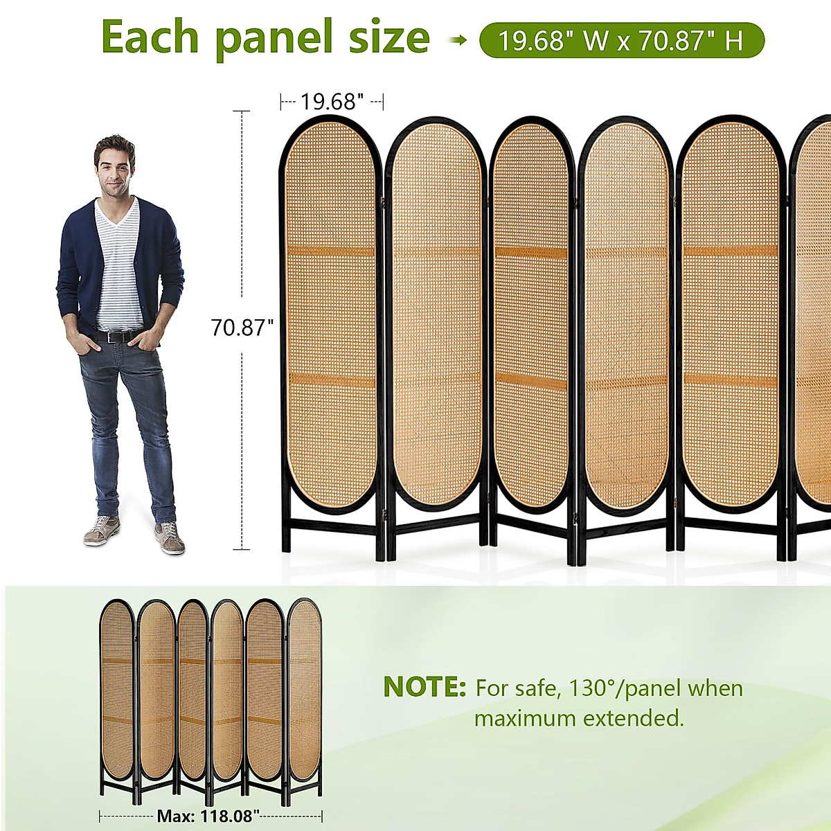 Leesinwing 6 Panels Room Dividers and Folding Privacy Screens, Hand-Woven Rattan Room Divider Wall, Wood Room Divider Freestanding Room Partitions Screen for Home Office Bedroom, Black