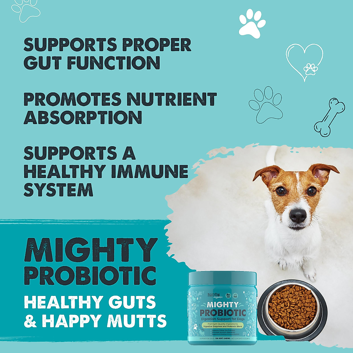 Mighty Paw Waggables Probiotic Chews for Dogs (Made in USA) | Dog Probiotics & Digestive Enzymes. Bacon Flavor Probiotics for Dogs Digestive Health. Prebiotics, Probiotics for Dogs Gut Health (120 Ct)