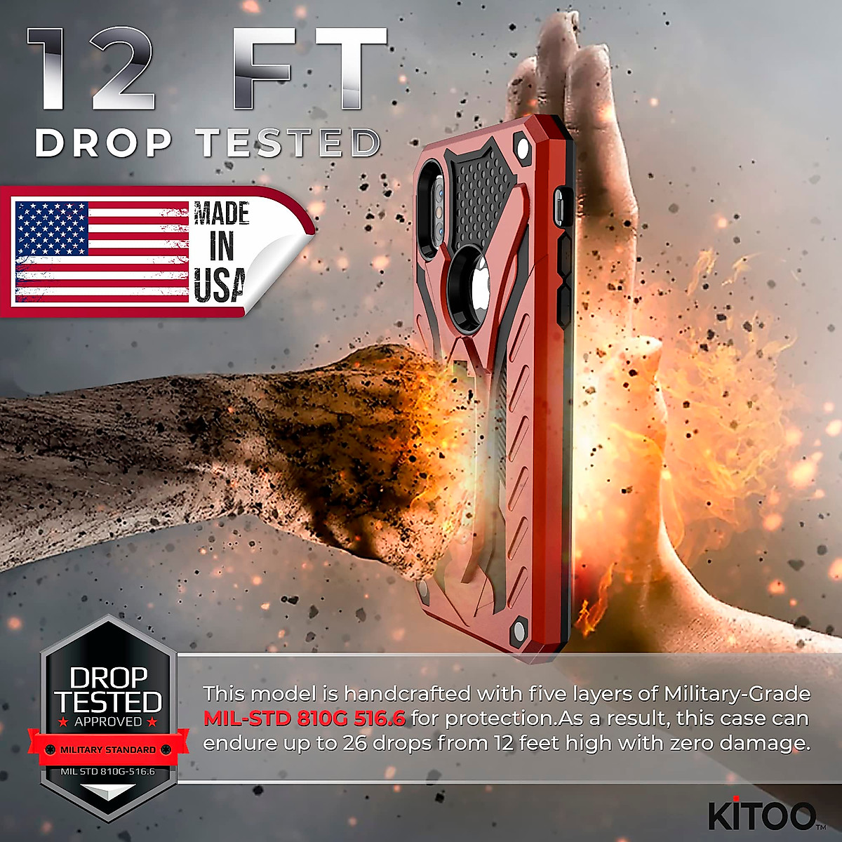 Kitoo Defender Designed for iPhone iPhone Xs max [Eco-Friendly] Shockproof Case with Kickstand, Military Grade, Made in USA - Red