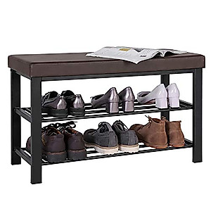 SONGMICS Shoe Bench, 3-Tier Shoe Rack for Entryway, Storage Organizer with Foam Padded Seat, Faux Leather, Metal Frame, for Living Room, Hallway, 12.2 x 31.9 x 19.3 Inches, Brown ULBS58Z