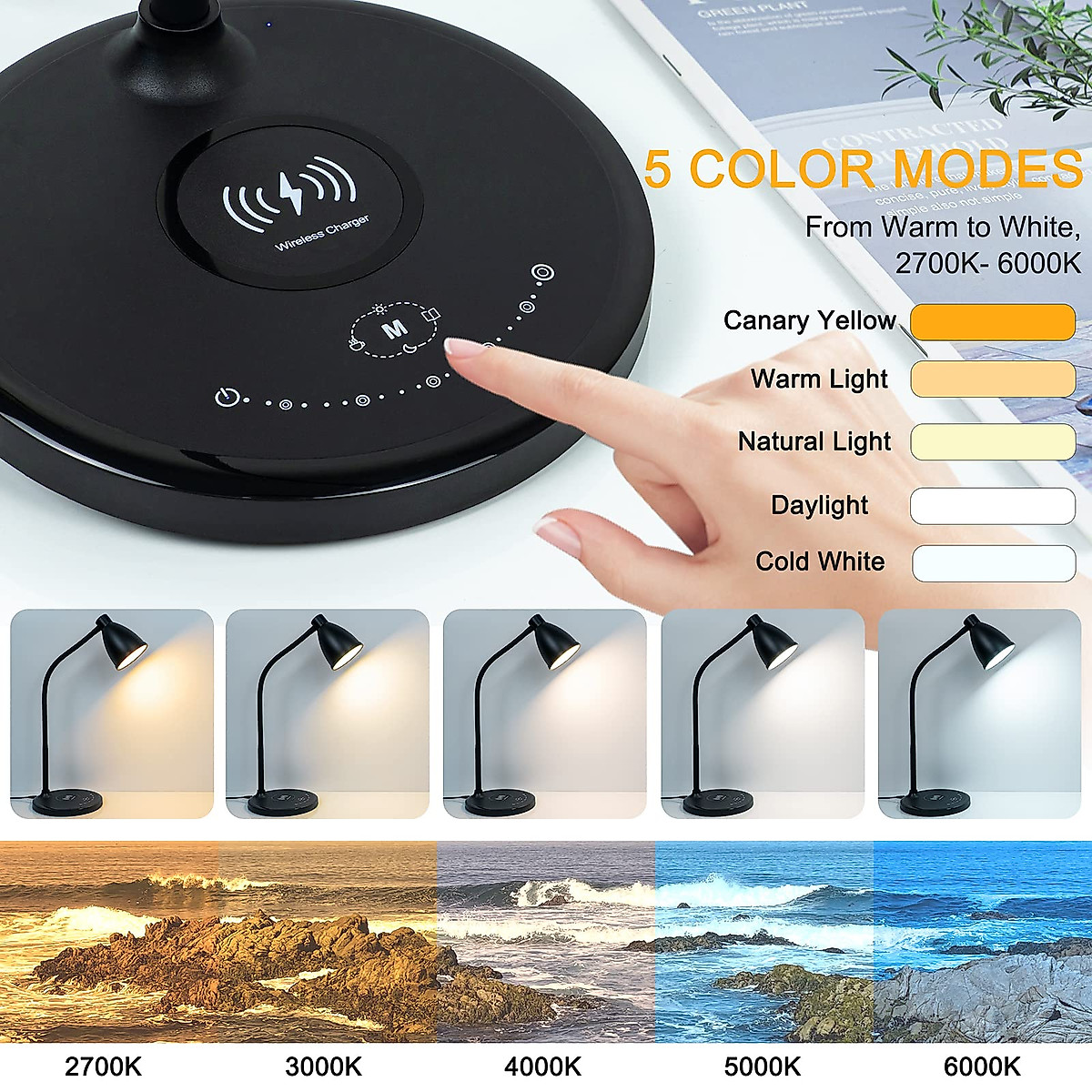 Libreath Desk Lamp with USB Charging Port Table Lamp Wireless Charger Dimmable Dorm Lamp 5 Colors 7 Brightness Levels Touch Bedside Table Lamps Gooseneck Reading Light for Home Office