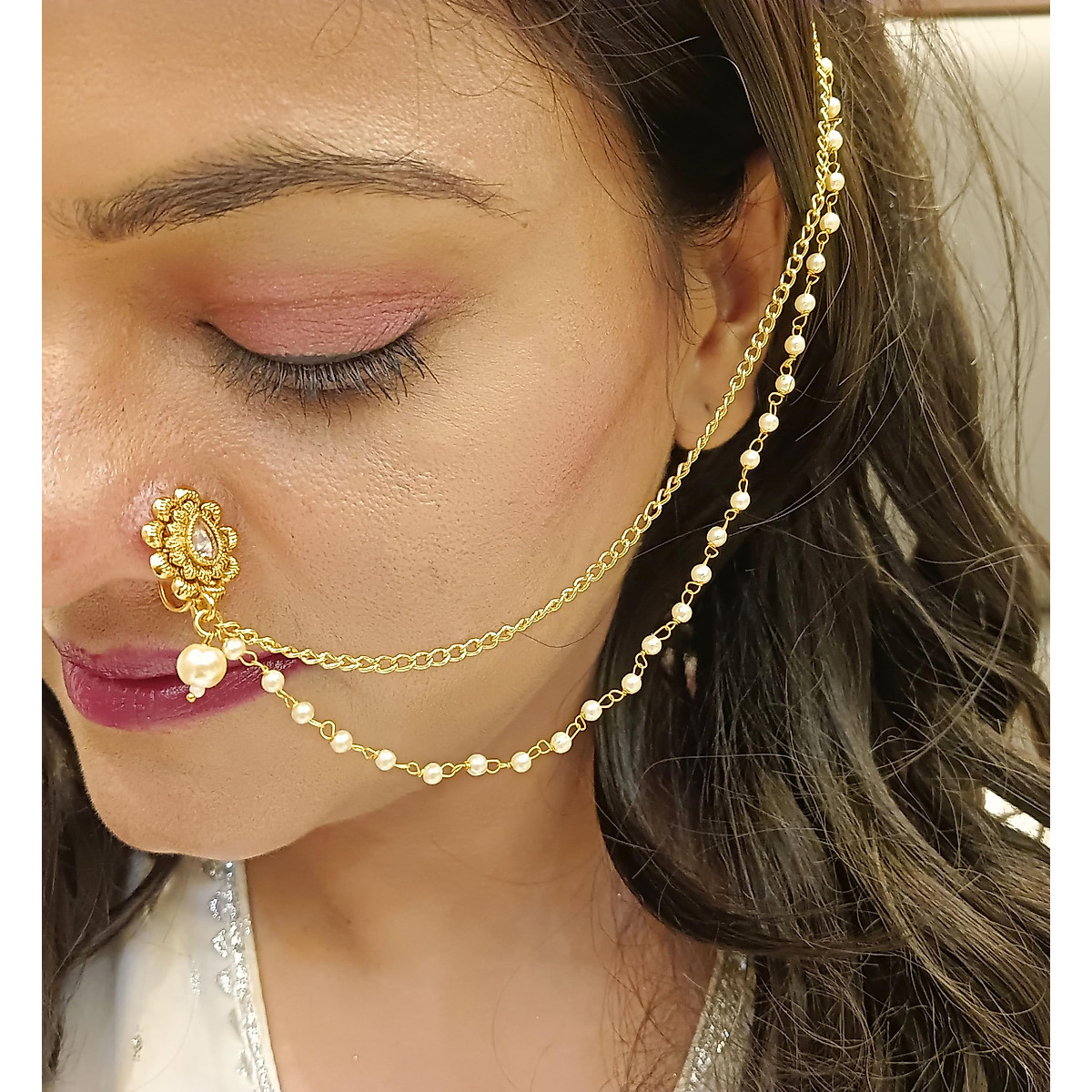 Efulgenz Indian Jewelry Kundan Crystal Nose Ring Hoop Pin Stud Fake Septum Ring with Chain Nose to Ear Chain Non Piercing Body Jewelry (White)