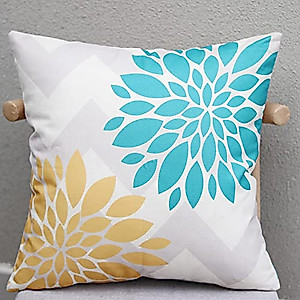 Outdoor Waterproof Throw Pillow Covers 18x18 Inch Teal and Yellow Dahlia Flower Outdoor Decor Accent Pillows for Patio Furniture Set of 2