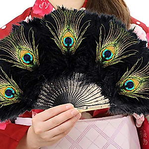 Yolyoo Vintage Style Marabou Feather Hand Fan Peacock Folding Handheld Fan for Dancing Party Flapper(Purple) (Black)