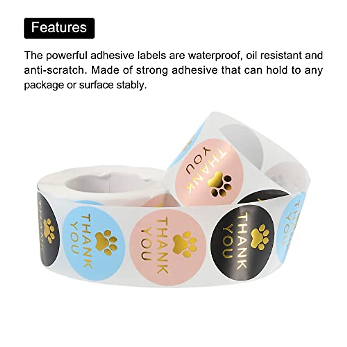 MECCANIXITY 1 Roll Paw Print Thank You Labels 1.5 Inch Adhesive Gold Dog Paw Tags for Greeting Card, DIY, Business, 500 Count/Roll