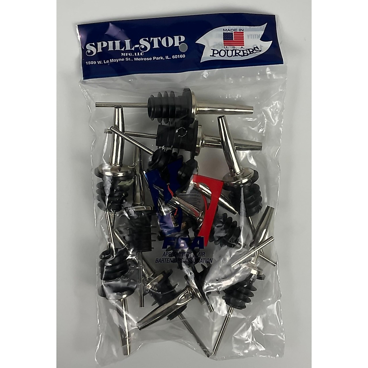 Spill Stop Chrome Tapered Pourer Dispenser Spouts with Poly-Kork, 12-Units, Black / Silver