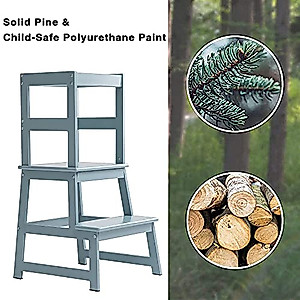 Kitchen Step Stool for Toddlers and Kids with Safety Rails for Kitchen Counter Solid Wood (Baby Blue)