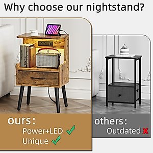 GYIIYUO Night Stand with Charging Station, Cute Bedside Table with Led Lights and Fabric Drawer, Unique Shape NightStand with Open Storage, Small End Table for Bedroom, Rustic Brown