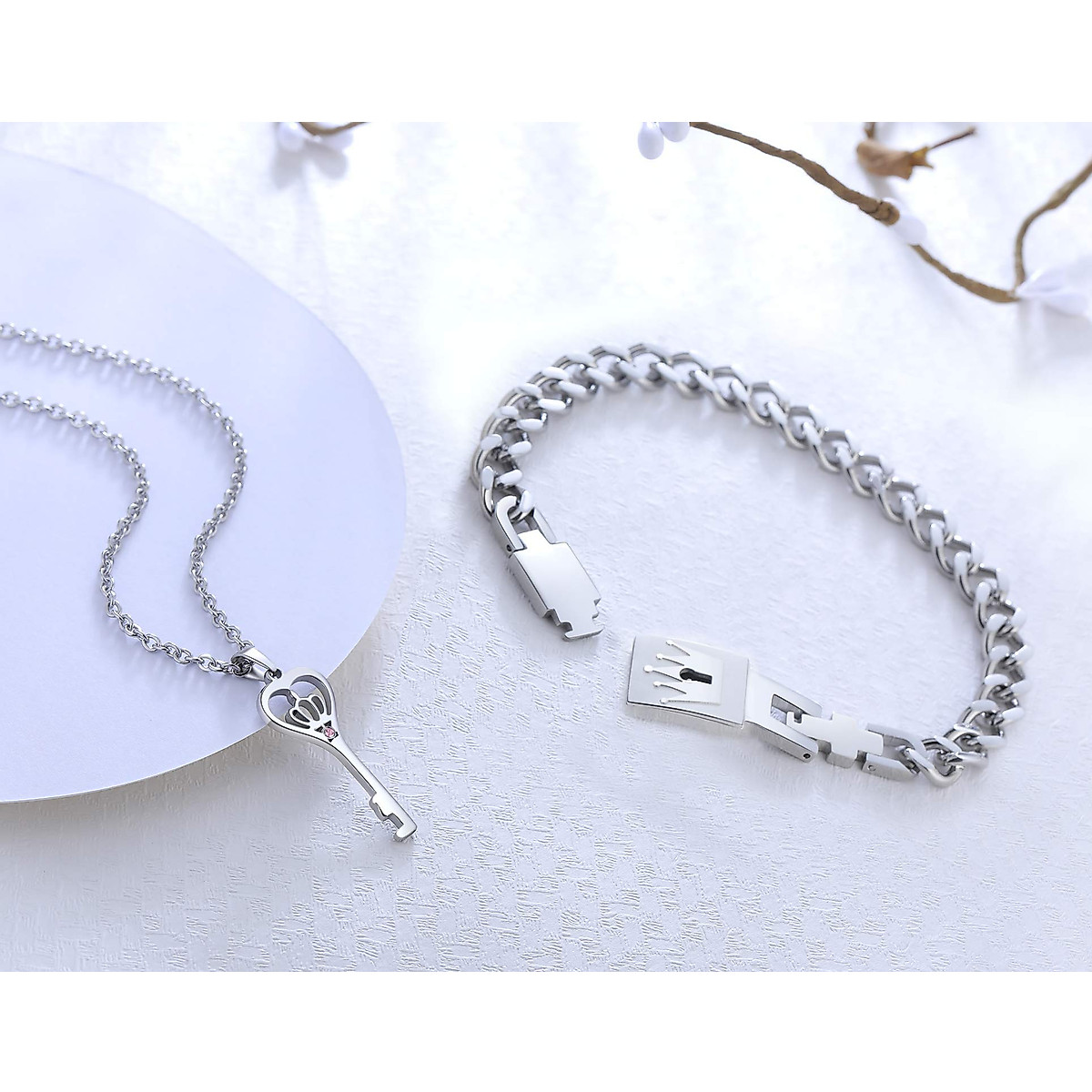 His & Hers Matching Set King Queen Couple Key Lock Bracelet and Pendant Set Couple King and Queen Jewelry in a Gift Box (A Pair)