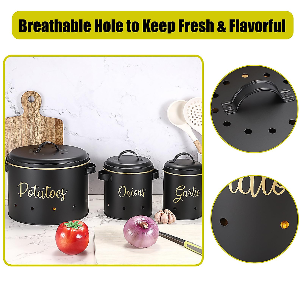 OwnMy Set of 3 Potato Onion Garlic Storage Bins Vegetable Containers Food Containers for Kitchen Counter, Potato Onion Storage Containers for Pantry Garlic Storage Jars Vegetable Canisters Set, Black