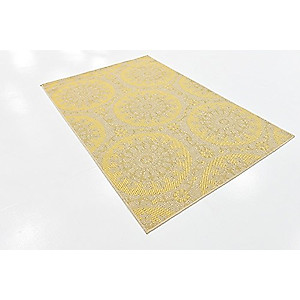 Unique Loom Outdoor Botanical Collection Area Rug - Medallion (4' 1" x 6' 1" Rectangle, Yellow/ Beige)