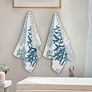 PATINISA Nautical Blue Coral Hand Towels for Bathroom Set of 2 Coastal Teal Beige Coral Soft Absorbent Ocean Theme Kitchen Dish Towels Decorative Bathroom Towels for Face,Hair,Guest,Gym,Spa 14"x28"