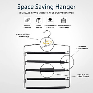 HOUSE DAY Magic Pants Hangers Space Saving, 2 Pack Metal Closet Organizer, Multiple Hangers with Padded Swing Arm, 5 Tier Non Slip Pant Hanger for Pants, Jeans, Leggings, Slacks (Black)